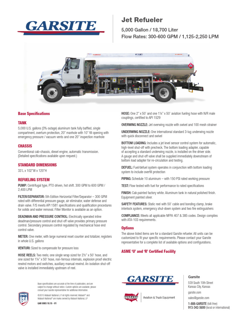 Garsite Jet Refuler 5000 Gallon DATA SHEET | PDF | Aerial Refueling ...