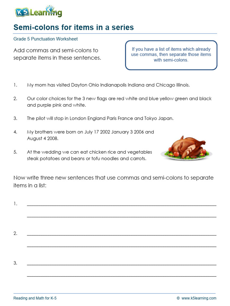 Grade 5 Punctuation: Commas & Semi-Colons Worksheet | PDF