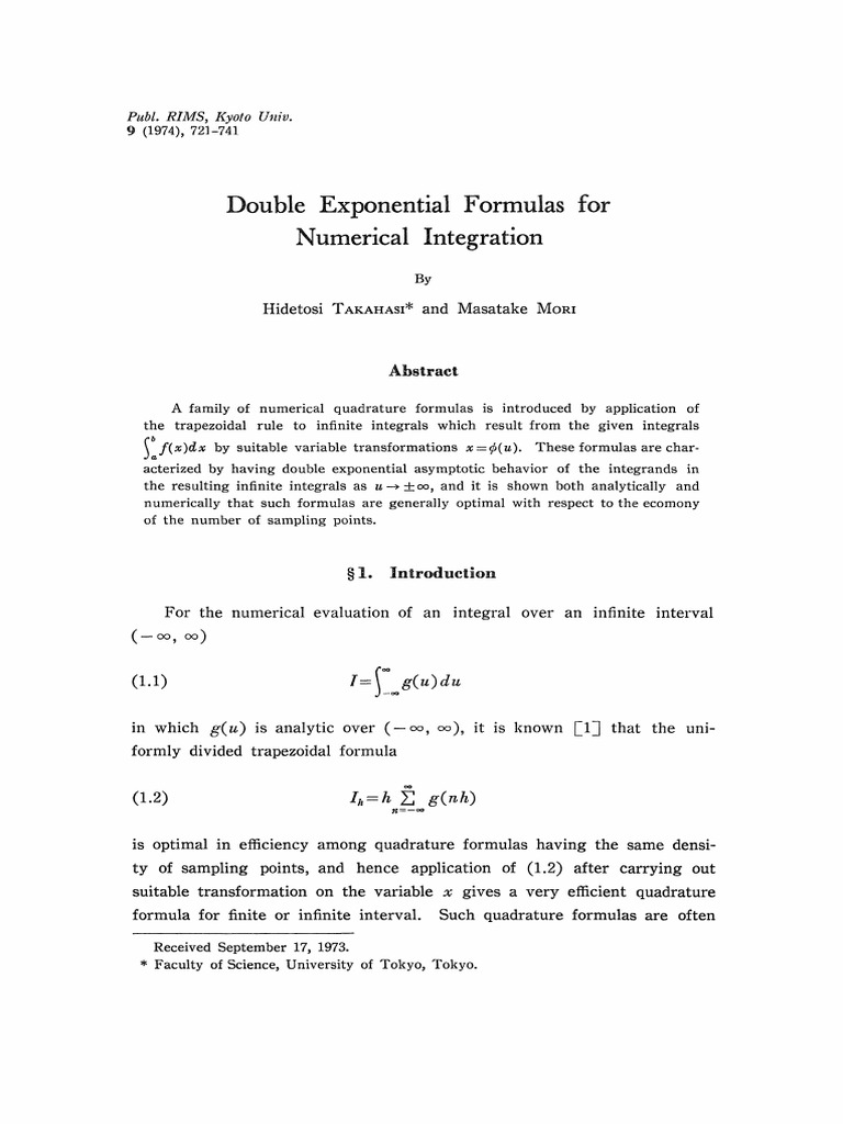 Double Exponential Formulas For Numerical Integration: PM. RIMS, Kyoto ...