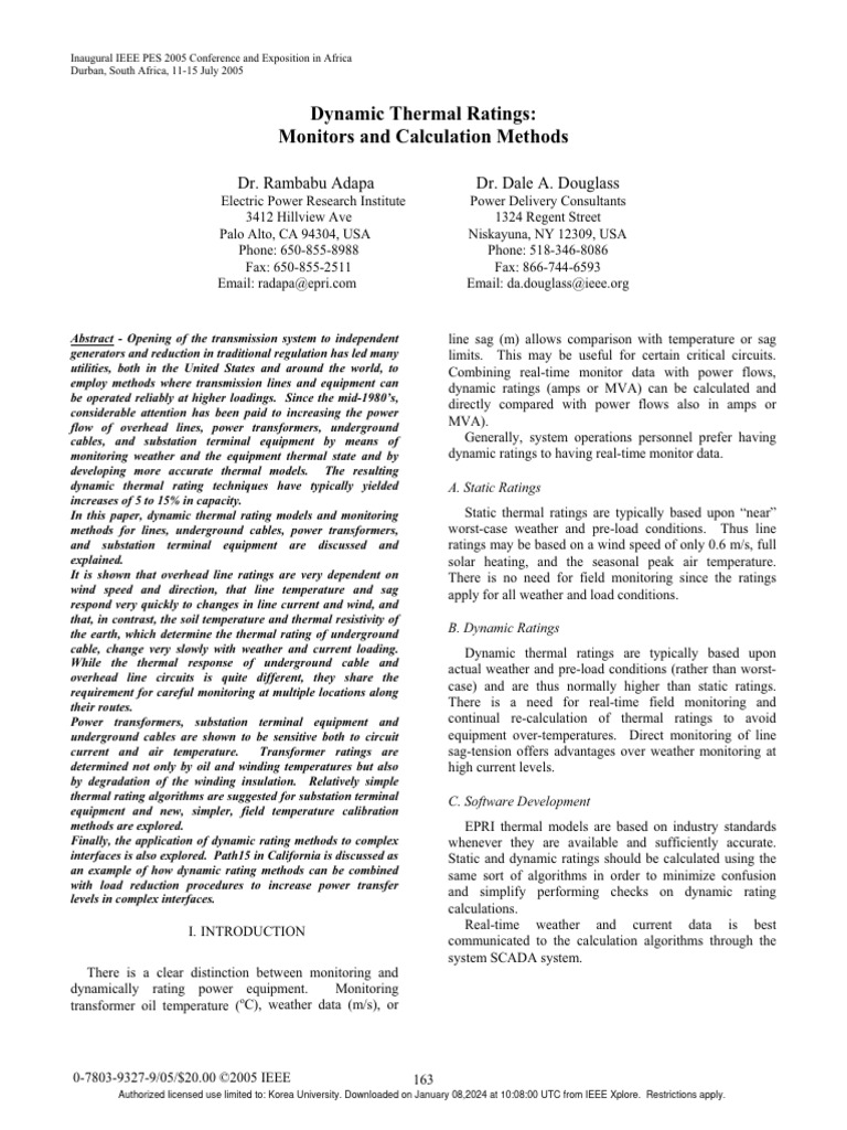 Dynamic Thermal Ratings Monitors and Calculation Methods | PDF