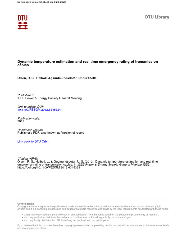 Dynamic Temperature Estimation and Real Time Rating of Transmission Cables | PDF | Finite ...
