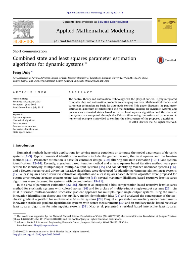 Combined State and Least Squares Parameter Estimation Algorithms For Dynamic Systems | PDF ...
