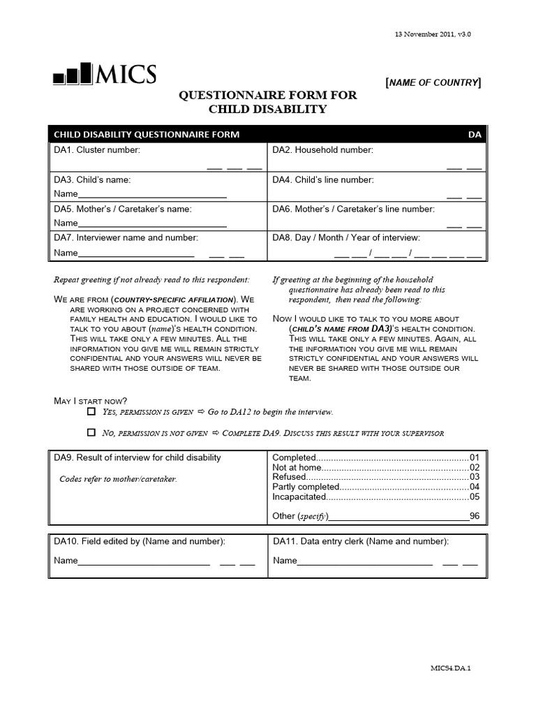 Child Disability Questionnaire Form | PDF | Cognitive Science