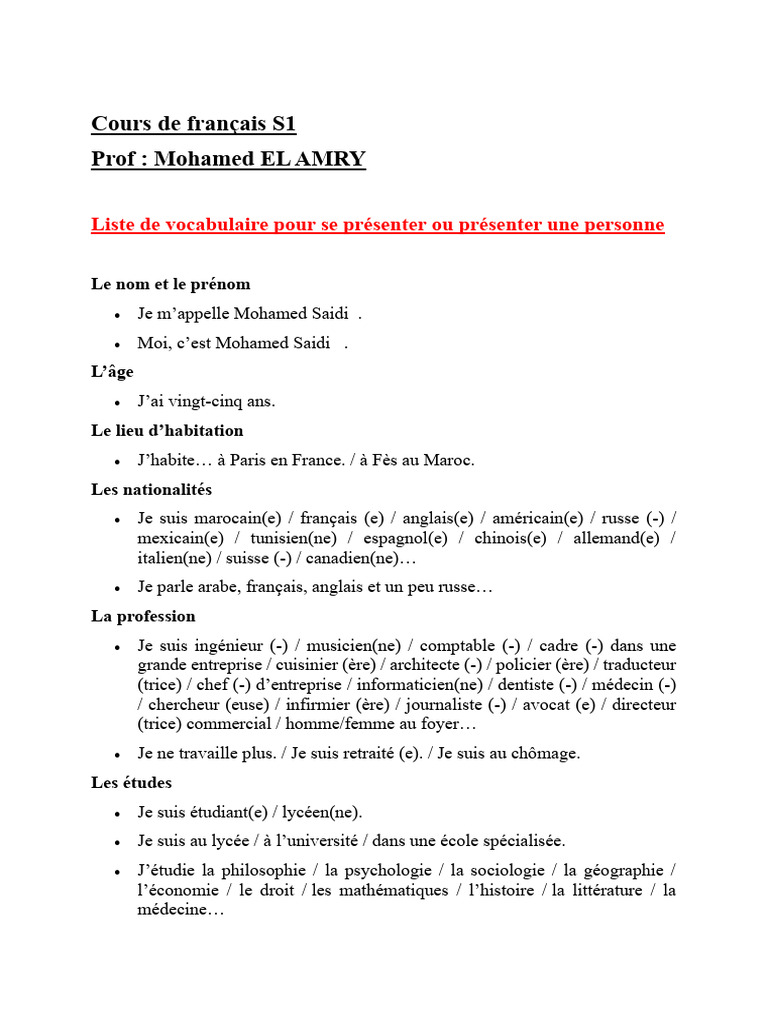 Vocabulaire et Questions pour Se Présenter en Français | PDF | Linguistique