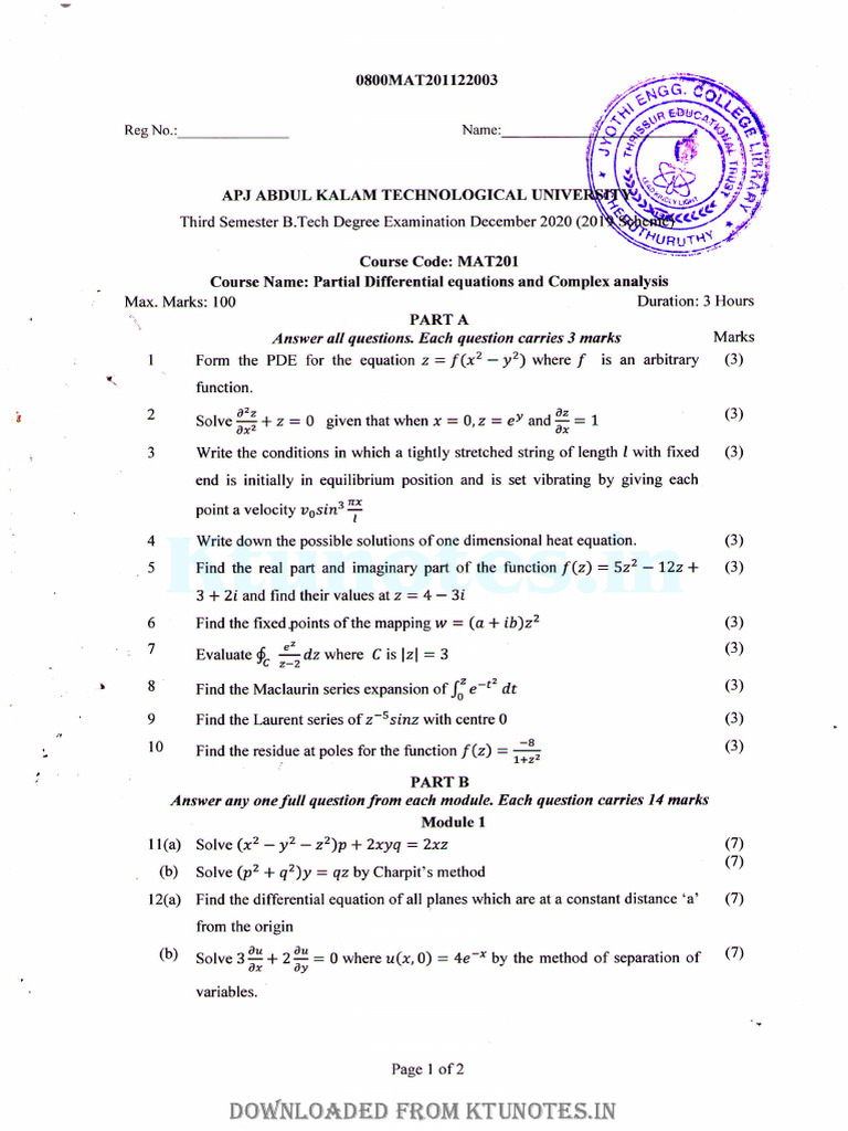 Mat201partial Differential Equations And Complex Analysis December