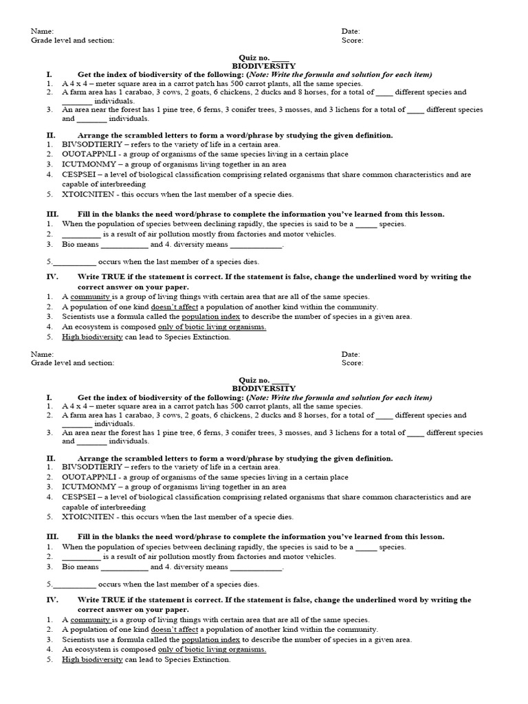 Biodiversity Quiz | PDF | Biodiversity | Species