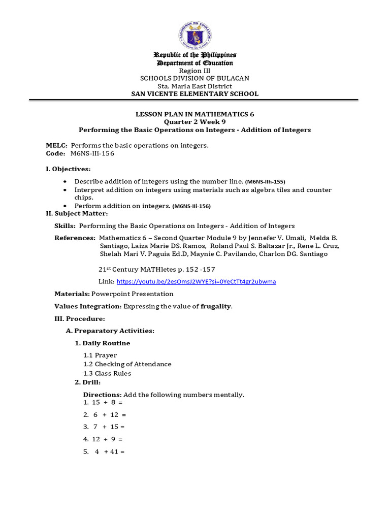 Lesson Plan: Adding Integers in Grade 6 | PDF | Algebra | Mathematics
