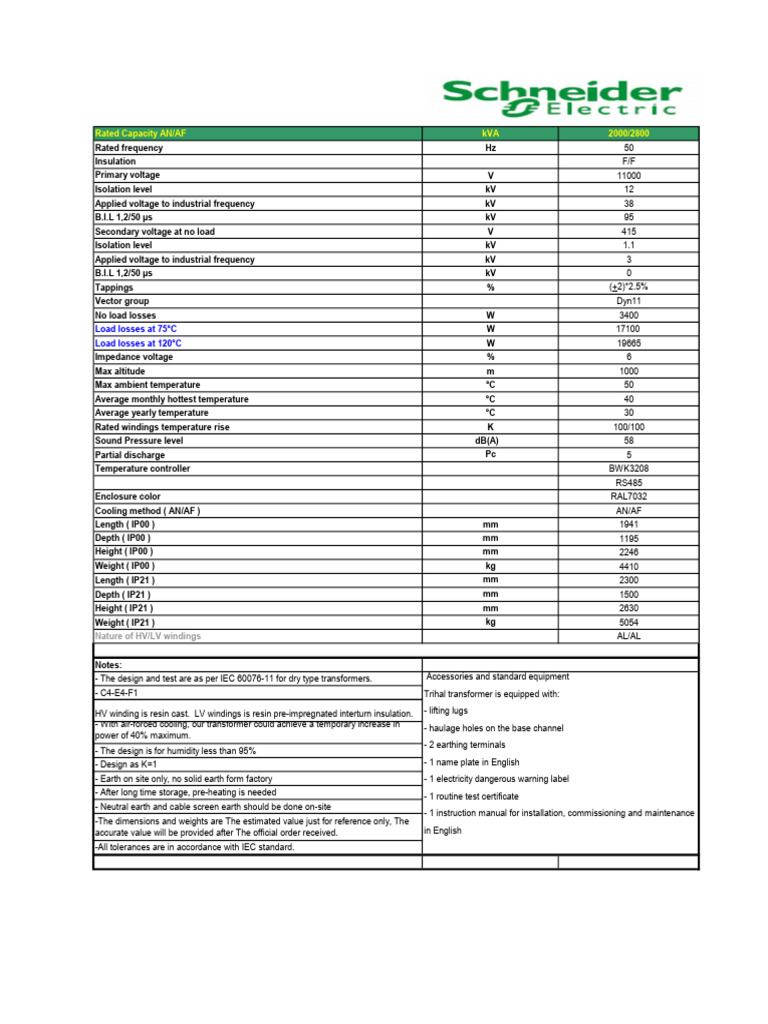 Data Sheet - 2000kva - DTR - Alal - CN | PDF | Transformer | Physical ...