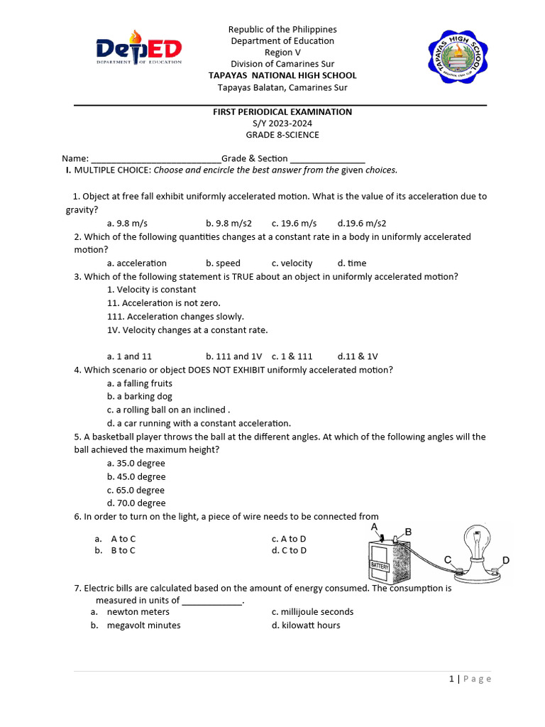 q1-G8 Science Exam - 2023 | PDF | Acceleration | Electrical Resistance ...