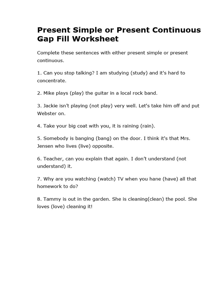 Present Simple or Present Continuous Gap Fill Worksheet | PDF Present Simple or Present Continuous Gap Fill Worksheet | PDF