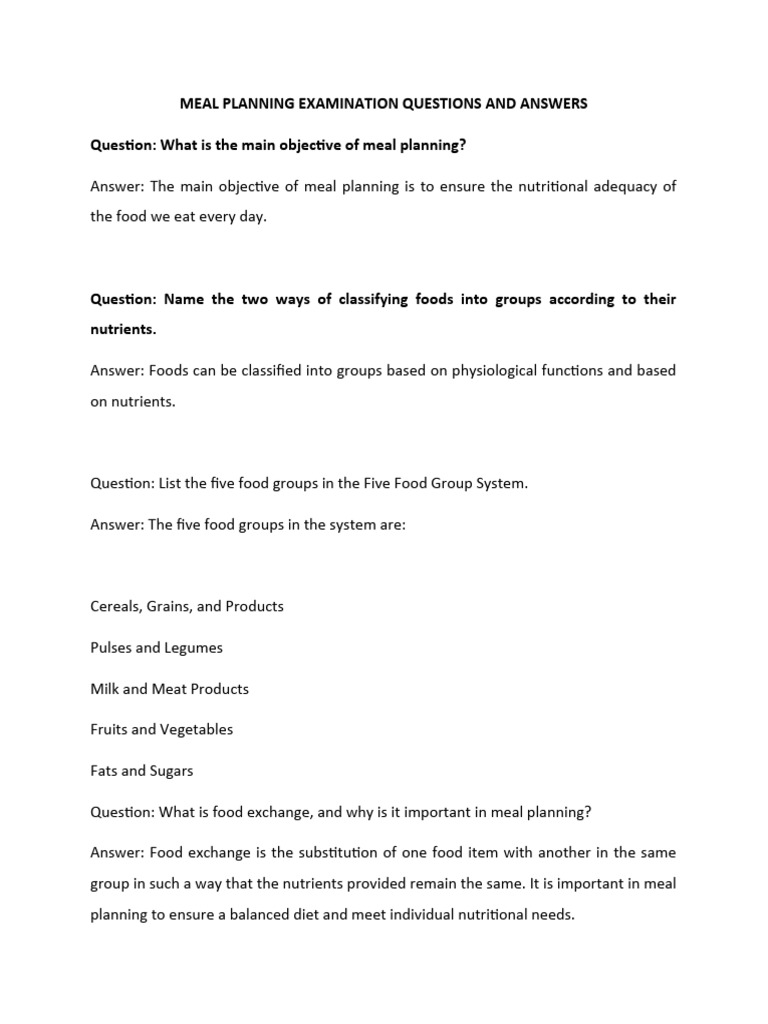 MEAL PLANNING EXAMINATION QUESTIONS AND ANSWERS | PDF | Foods | Healthy ...