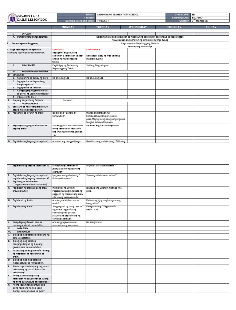 DLL - Filipino 3 - Q3 - W1 | PDF