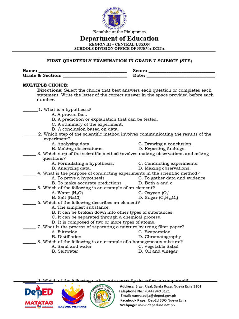 !ST Quarter Test - Grade 7 STE | PDF | Chemical Substances | Mixture