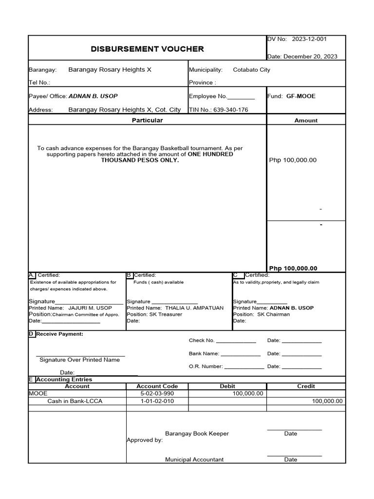 Disbursement Voucher | PDF | Payments | Bookkeeping