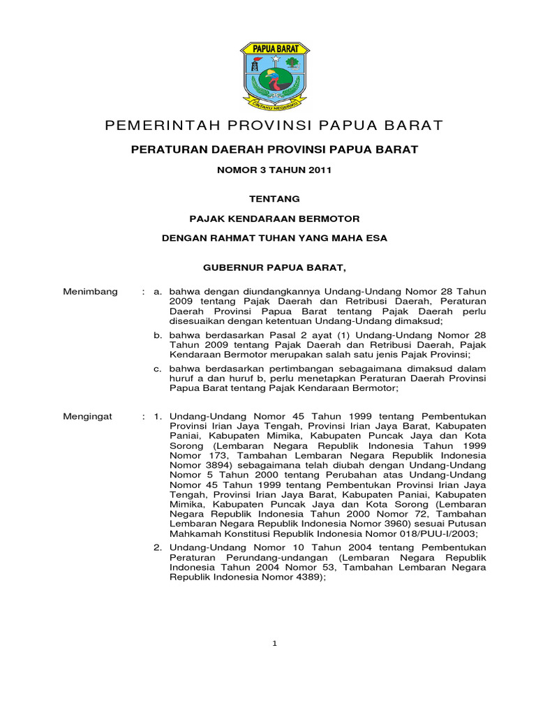 PERDA Provinsi Papua Barat Nomor 3 Tahun 2011 (PERDA Provinsi Papua ...