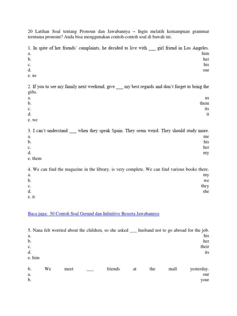 20 Latihan Soal Tentang Pronoun | PDF | Linguistic Morphology | Syntax