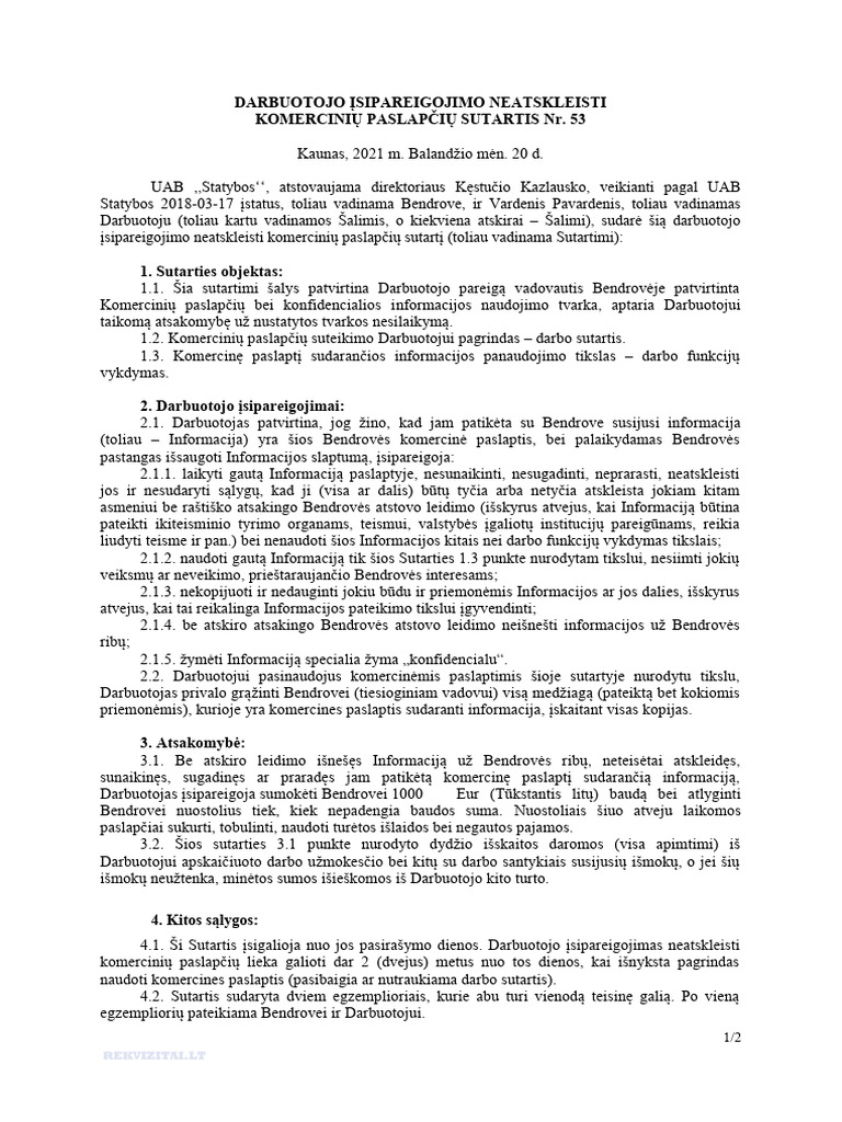 Konfidencialumo Sutartis | PDF