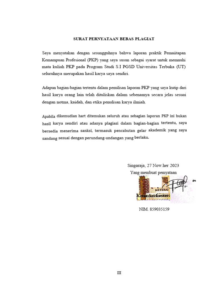 Surat Pernyataan Bebas Plagiat | PDF