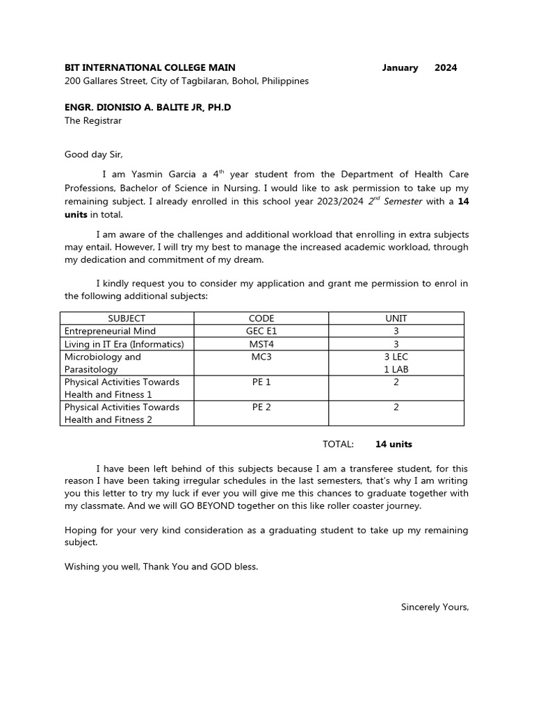 BIT INTERNATIONAL COLLEGE MAIN Letter For Adding Subject | PDF