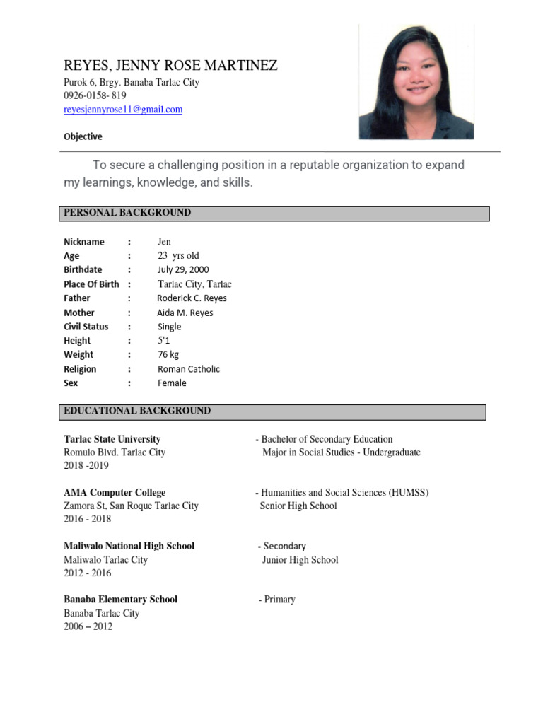 Jenny Rose Martinez Reyes Resume | PDF | Cooking, Food & Wine
