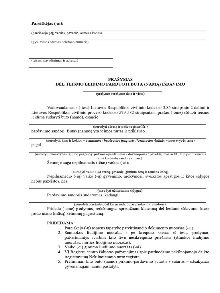 Prasymas Del Leidimo Parduoti Buta | PDF