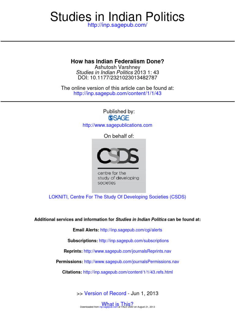 Ashutosh Varshney-How Has Indian Federalism Done (2013) | PDF | Multiculturalism | Nation State