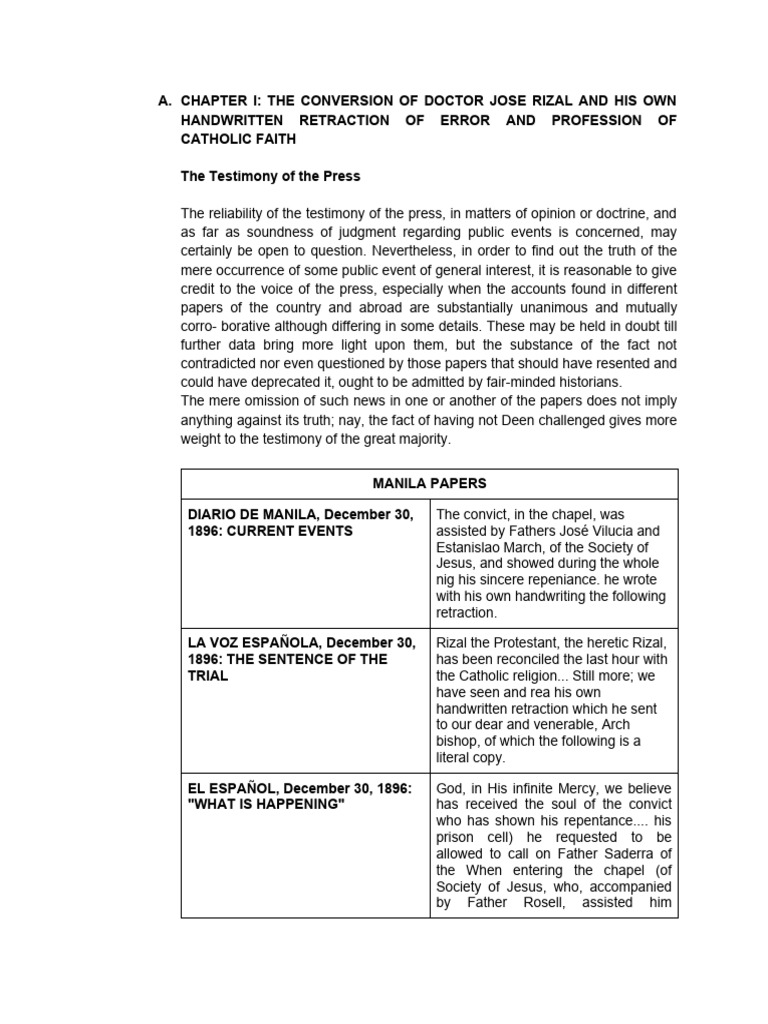 Chapter I - The Conversion of Doctor Jose Rizal and His Own Handwritten ...