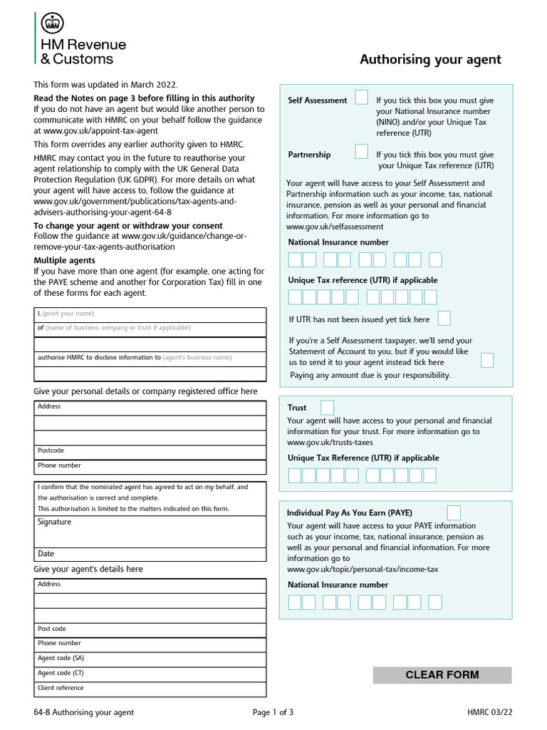 HMRC Form 64-8: Agent Authorisation | PDF | Taxes | Economies