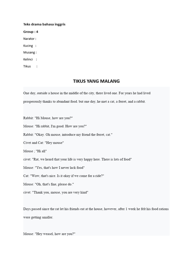 Teks Drama Bahasa Inggris | PDF | Mouse | Mammals