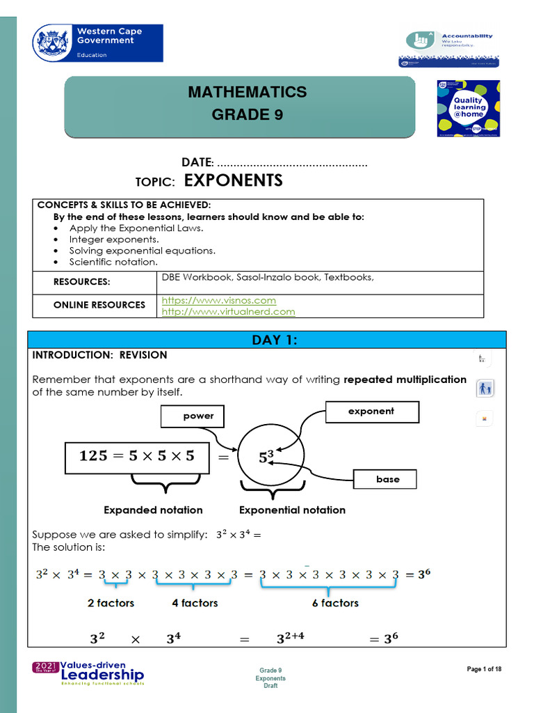 3 Mathematics (Gr. 9) T1 W6 & 7 Lesson Plan | PDF | Exponentiation ...