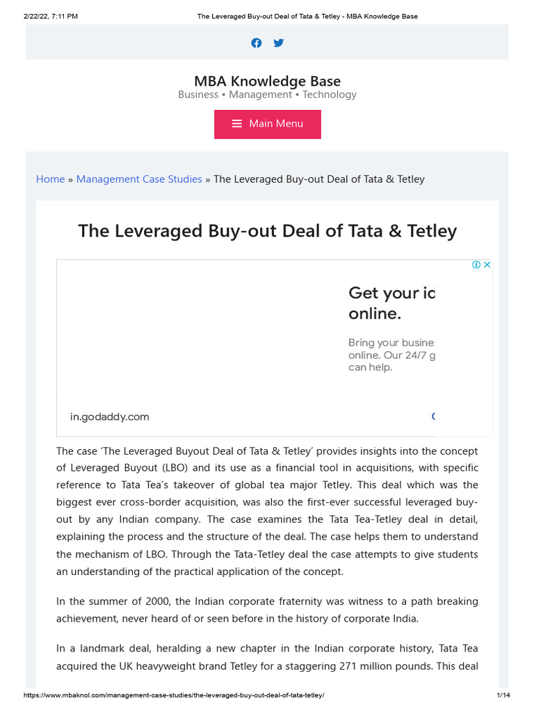 The Leveraged Buy Out Deal of Tata Tetley MBA Knowledge Base PDF | PDF
