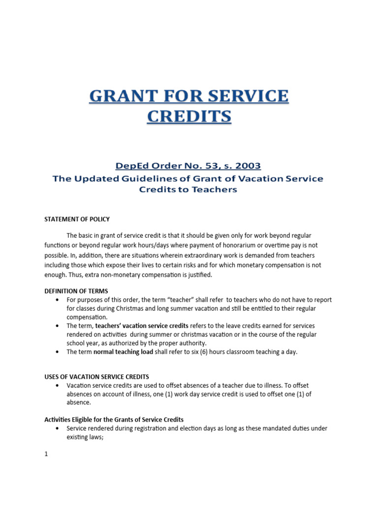 Grant for Service Credits Handouts Template | PDF | Teachers