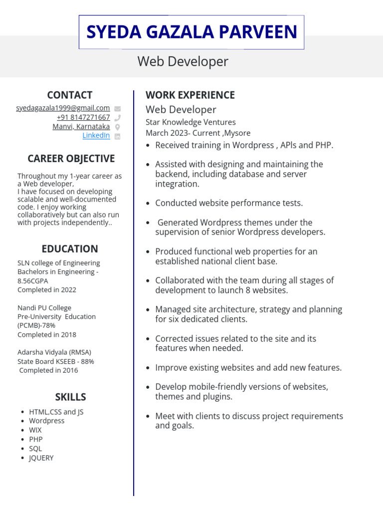 Web Developer Resume: Syeda Gazala Parveen | PDF | Business | Art