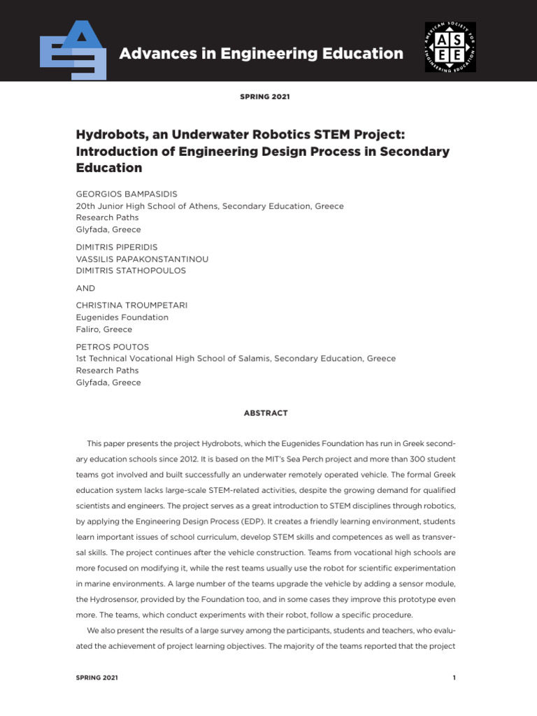 Hydrobots An Underwater Robotics Stem Project Introduction Of Engineering Design Process In