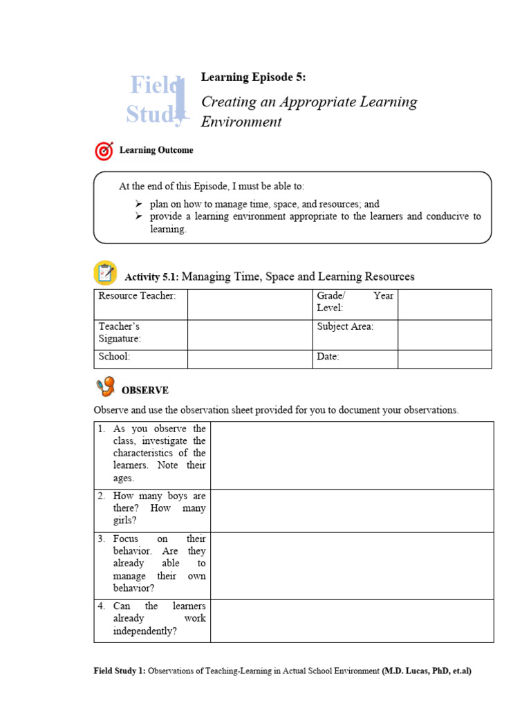 Learning Episode 5 Creating An Appropriate Learning Environment Pdf