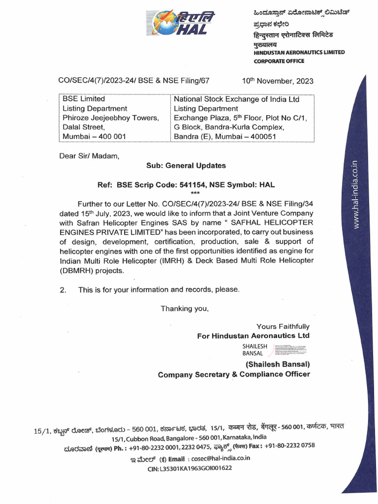 HAL and Safran Joint Venture Announcement | PDF