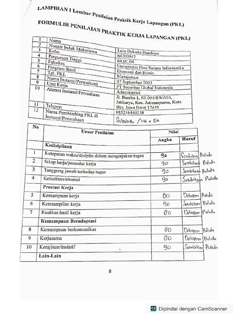 Lembar Penilaian PKL - Lulu Dekariz Handoyo | PDF