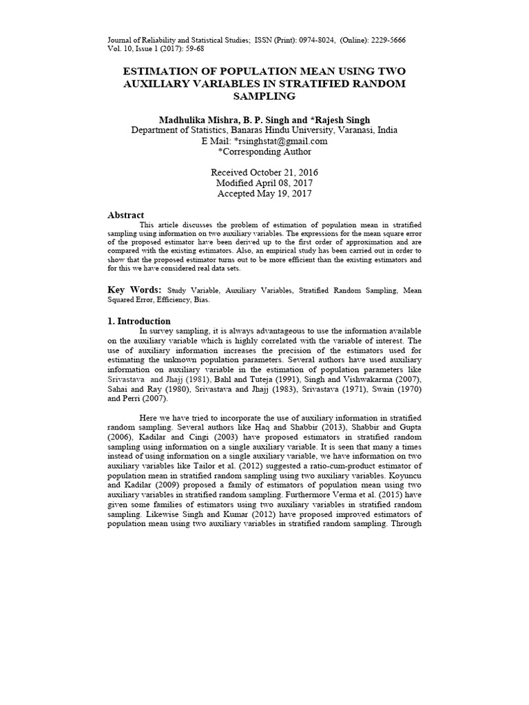 Estimation Of Mean Using Two Auxiliary Varaible Pdf Mean Squared