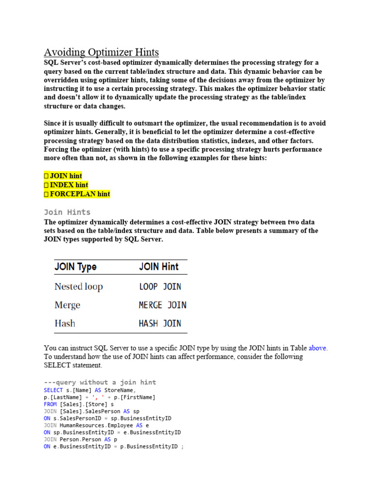 Avoiding Optimizer Hints | PDF | Microsoft Sql Server | Database Index