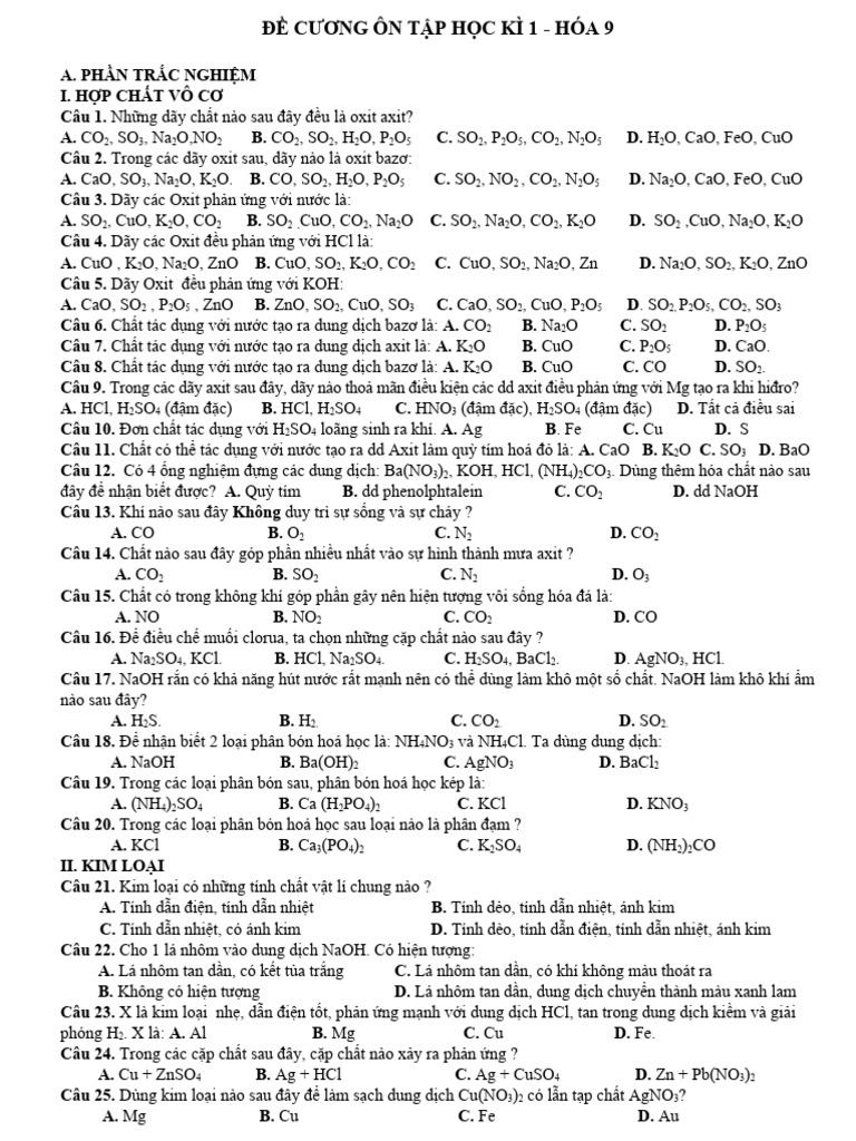 đề cương Hóa 9 HK 1 | PDF