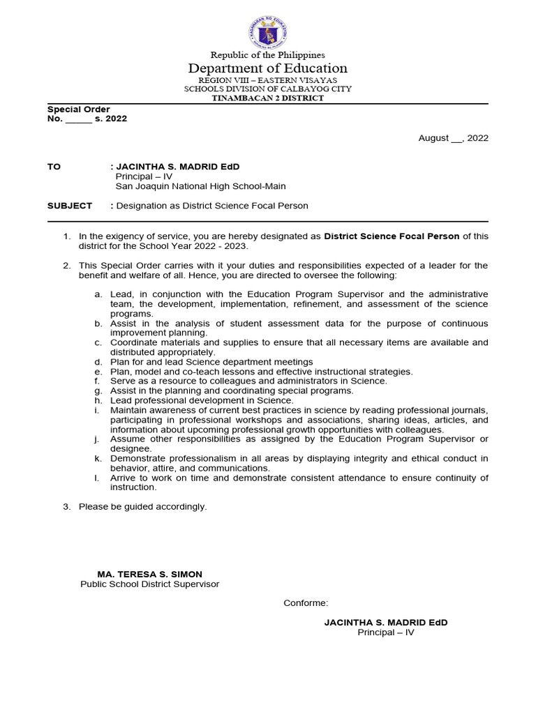 Designation of District Science Focal Person | PDF