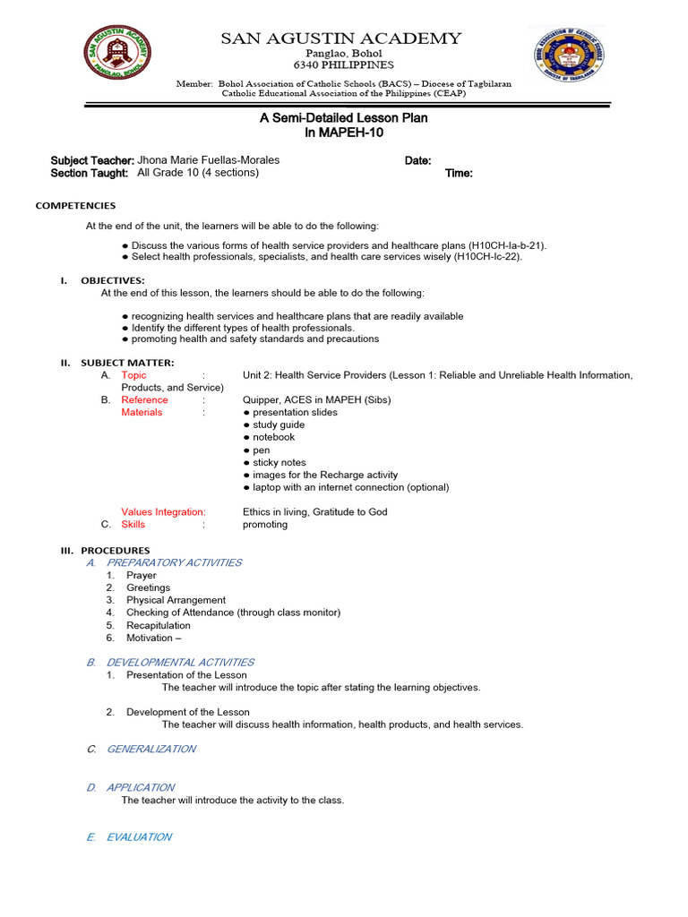 Health-Lesson 2 | Download Free PDF | Teachers | Lesson Plan