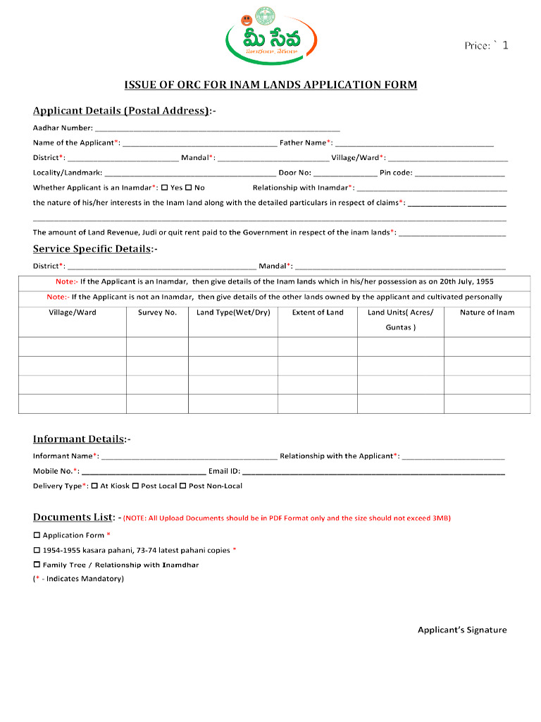 Issueof Occupancy Rights Certificatesfor Inam Lands Application Form | PDF