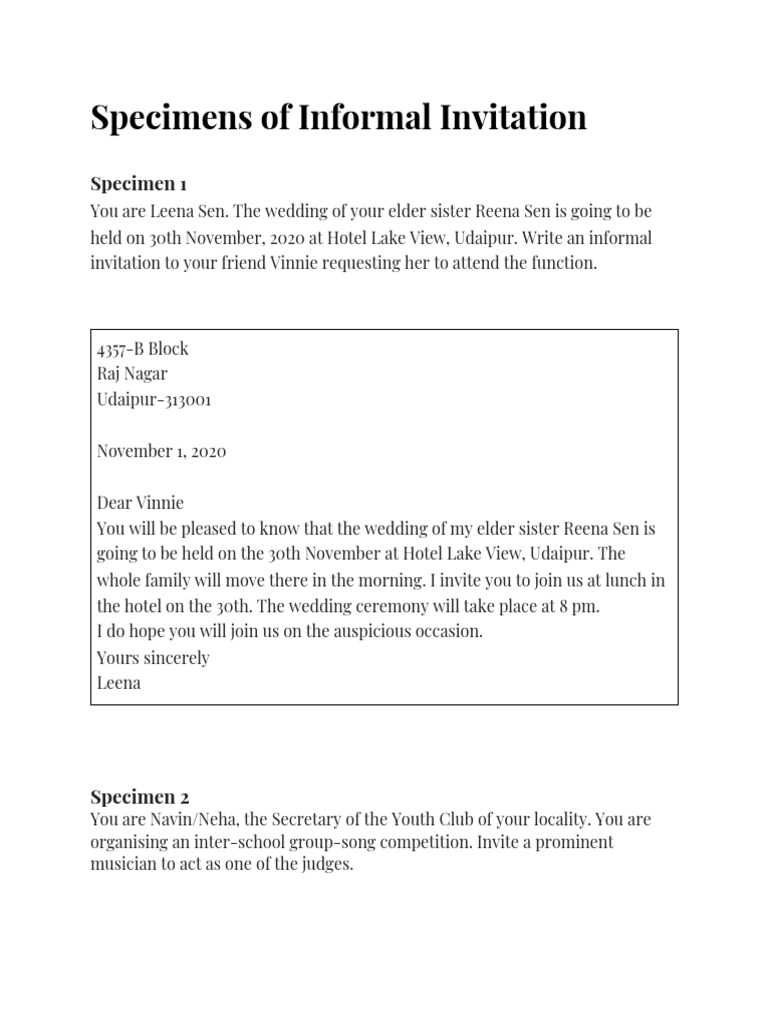 Specimens of Informal Invitation | PDF