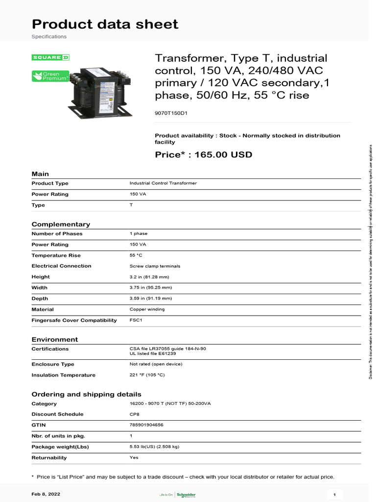 Industrial Control Transformers (Machine Tool) - 9070T150D1 | PDF ...