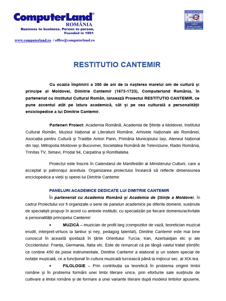 Prezentare Proiect RESTITUTIO CANTEMIR - Ro | PDF
