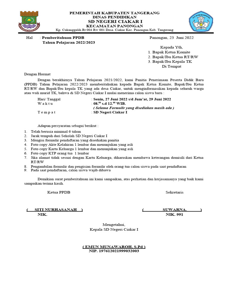 Pemberitahuan PPDB SDN Ciakar I 2022 | PDF