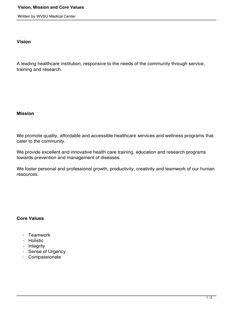 Vision Mission and Core Values | PDF