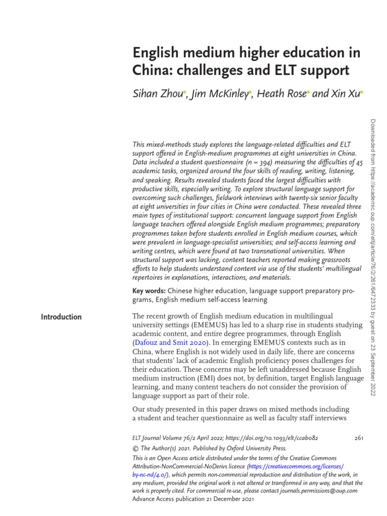 English Medium Higher Education in China - Challenges and ELT Support | PDF | English As A ...