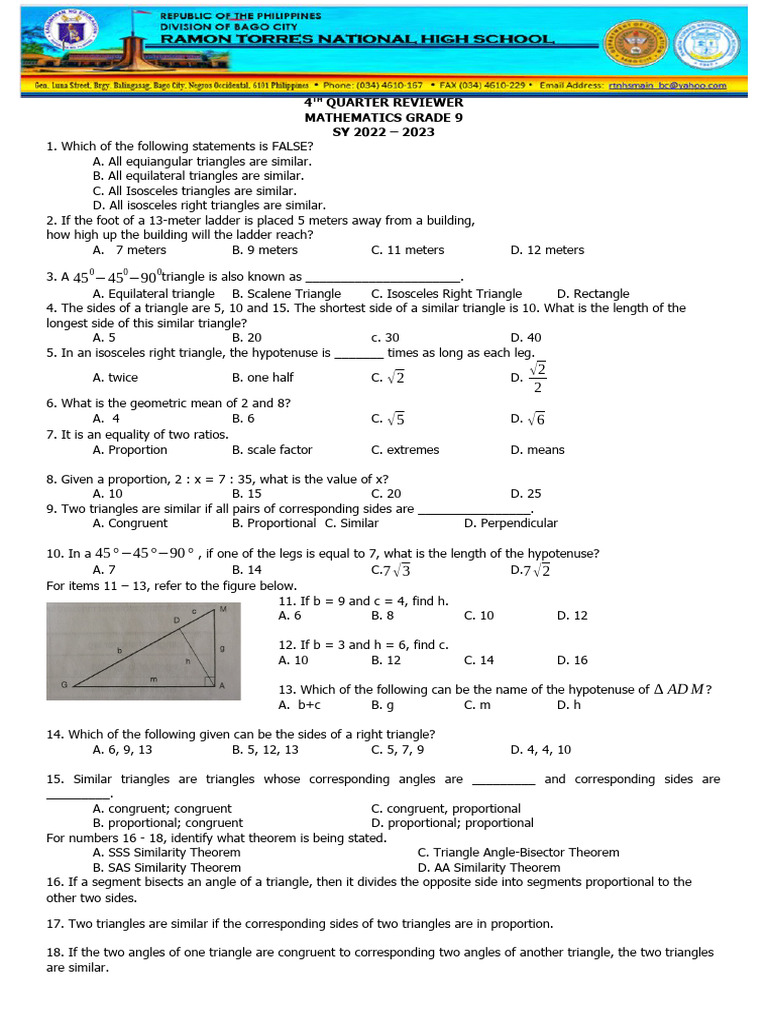 Grade 9 Math 4th Quarter Review | PDF | Triangle | Geometric Shapes